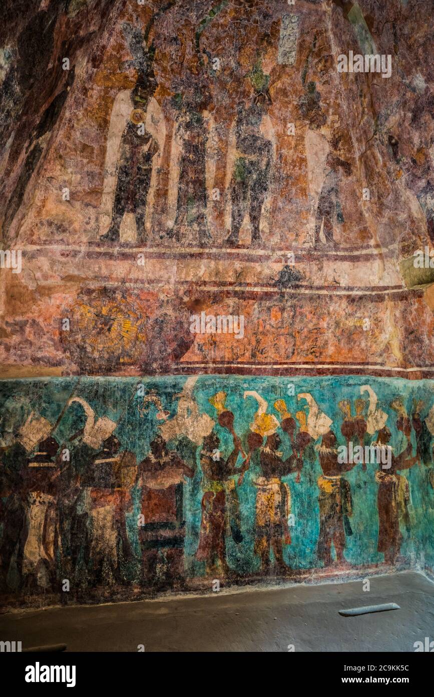 A fresco mural showing musicians on the east wall of Room 1 of the ...