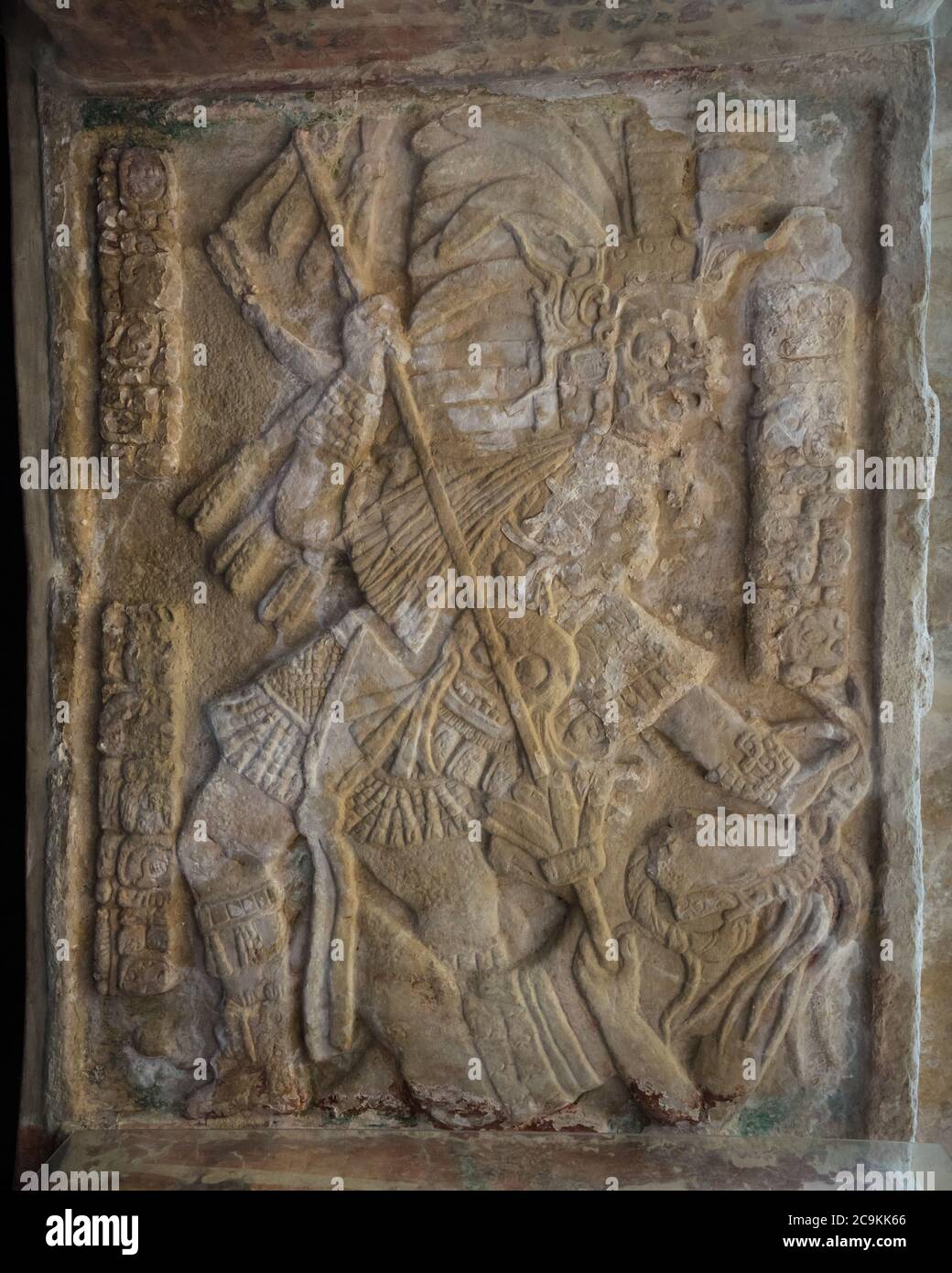 Carved stone lintel over the door of Room 3 of the Temple of the Murals in the Mayan ruins of ...