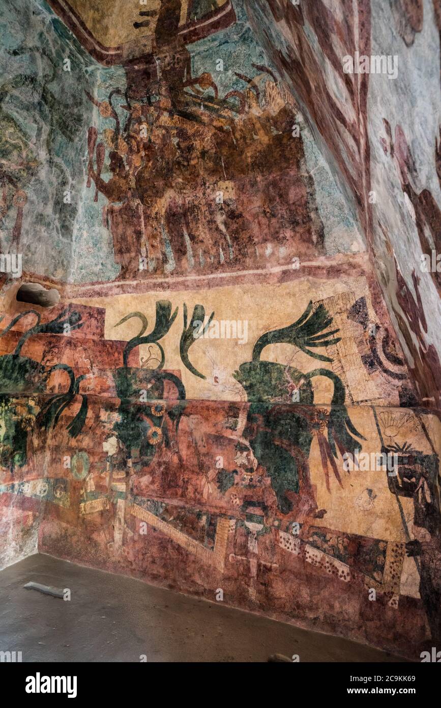 A fresco mural showing celebration and ritual on the east wall of Room ...