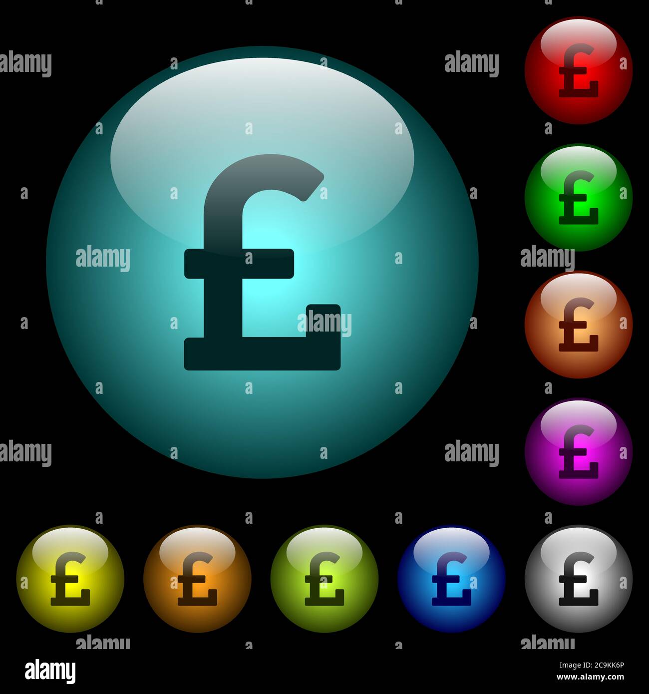 Pound sign icons in color illuminated spherical glass buttons on black ...