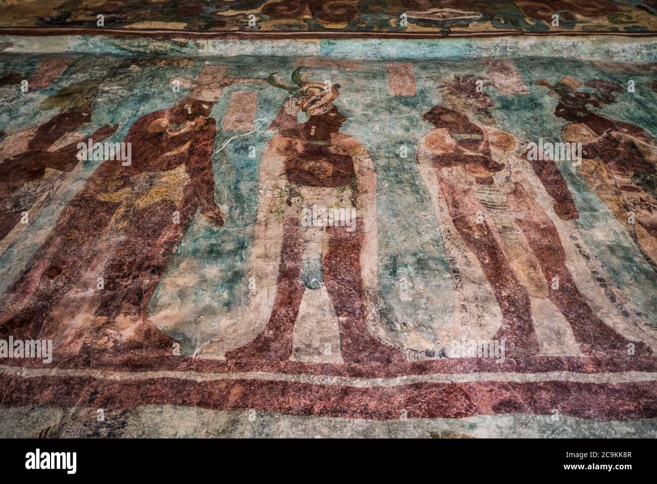 A fresco mural showing Mayan lords in Room 3 of the Temple of the ...