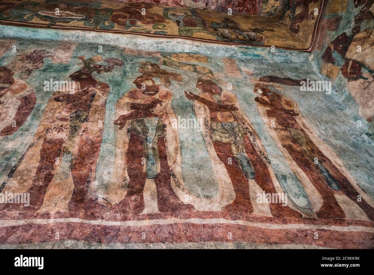 A fresco mural showing Mayan lords in Room 3 of the Temple of the ...