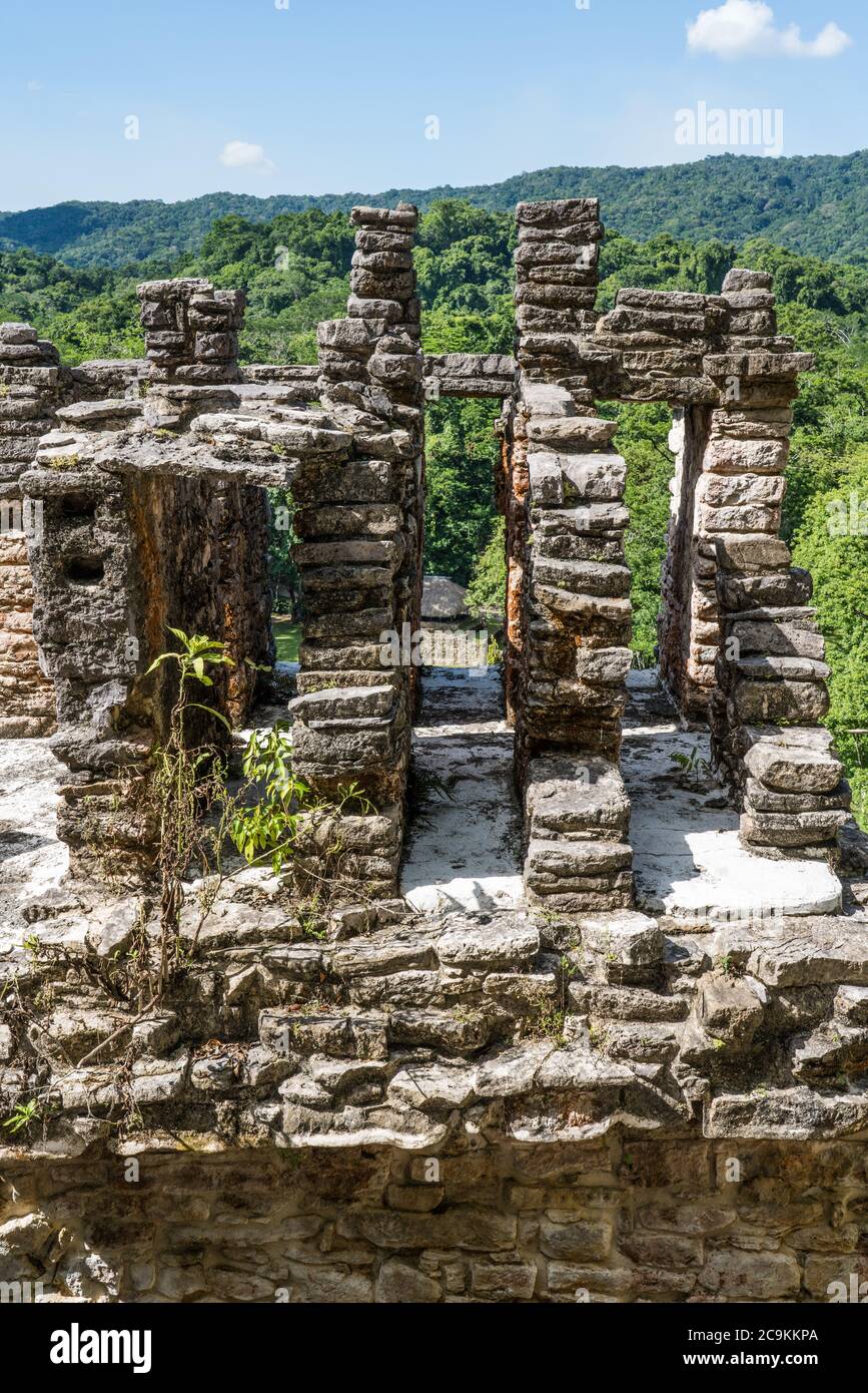 The remnants of a roof comb on Temple VII in the ruins of the Mayan ...