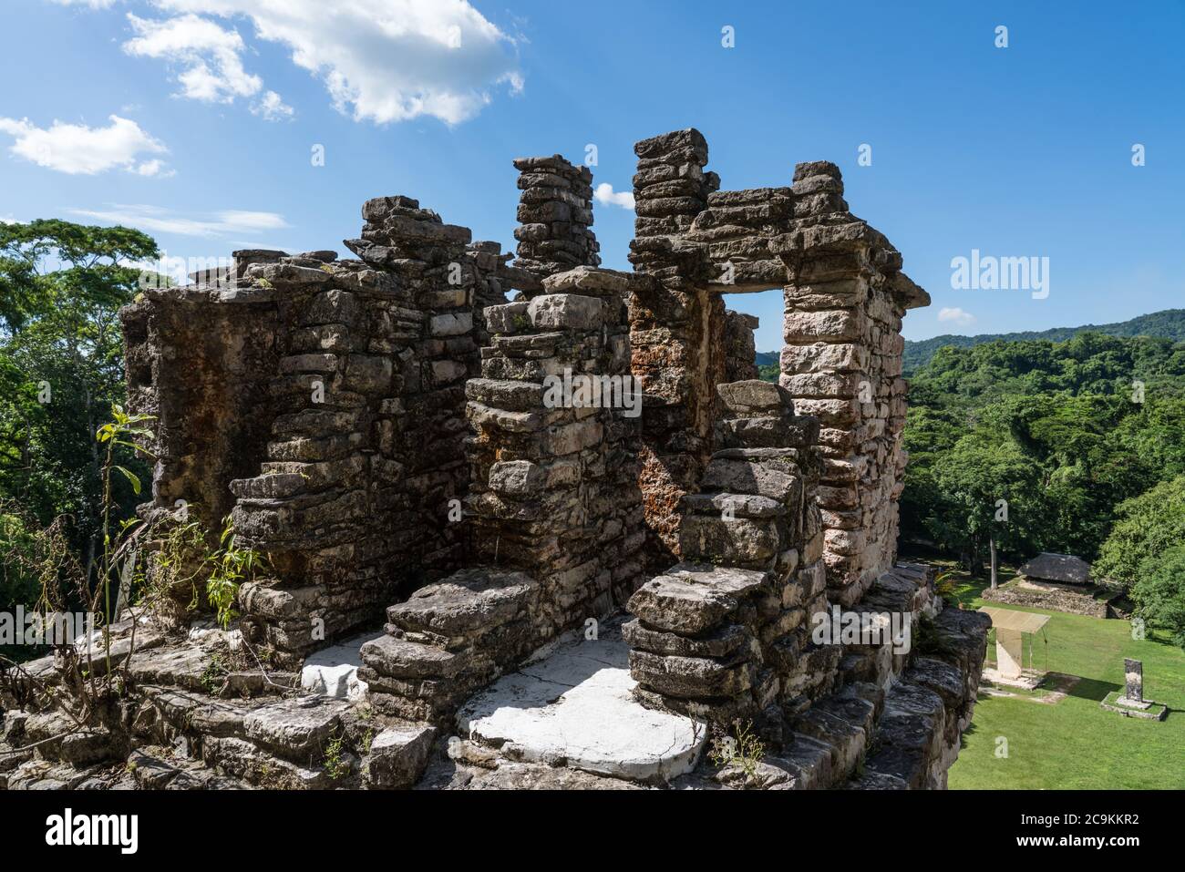 The remnants of a roof comb on Temple VII in the ruins of the Mayan ...