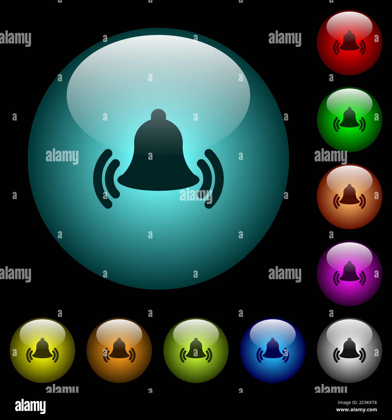 Ringing bell icons in color illuminated spherical glass buttons on ...
