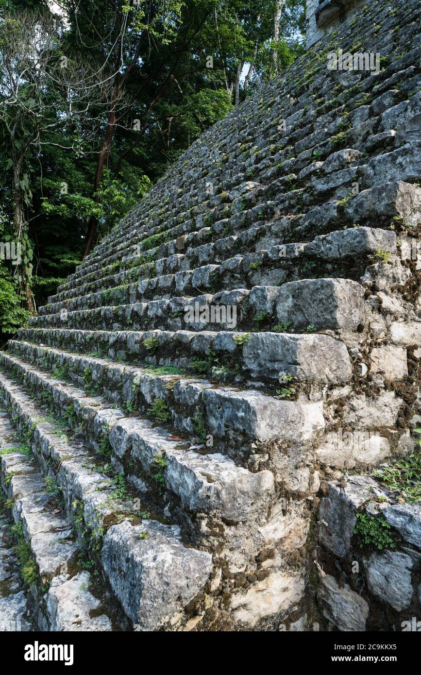 Very steep stairs at the ruins of the Mayan city of Bonampak in Chiapas ...