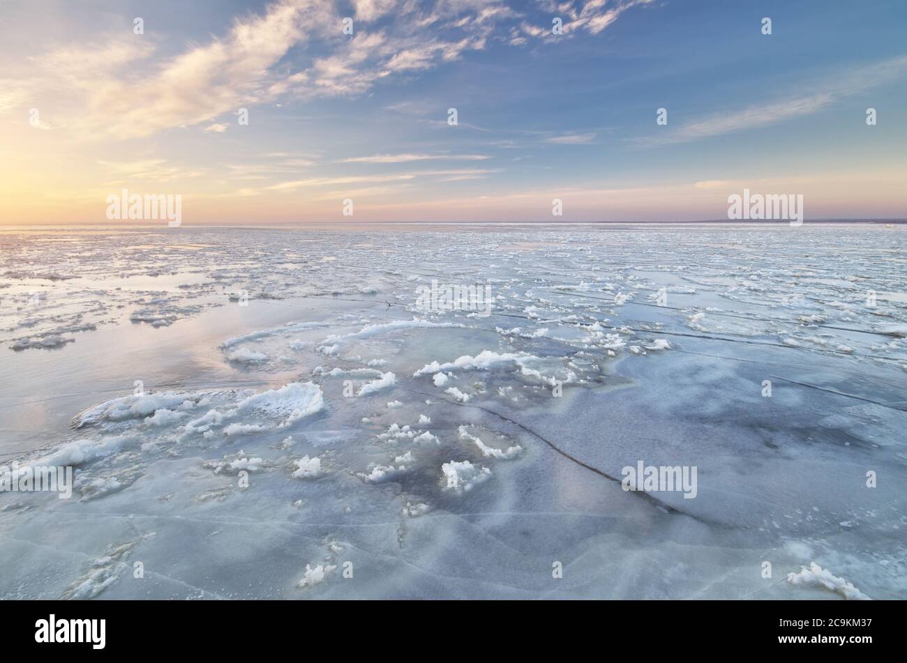 Winter landscape. Ice on water surface. Composition of nature Stock ...