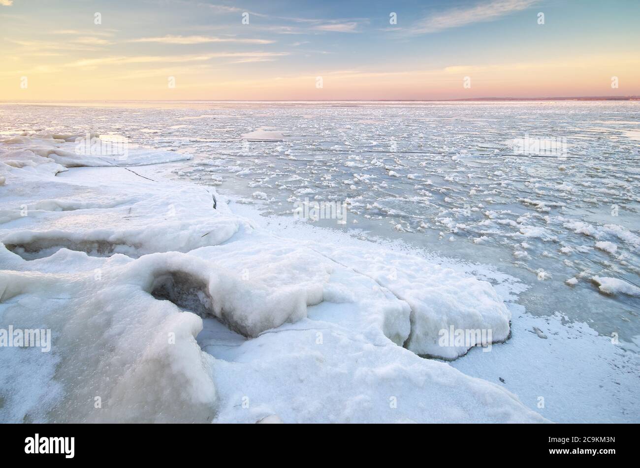 Winter landscape. Ice on water surface. Composition of nature Stock ...