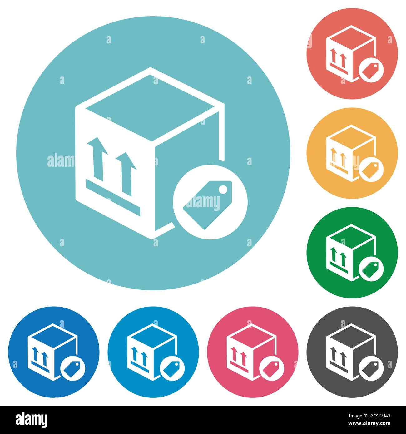 Package labeling flat white icons on round color backgrounds Stock ...