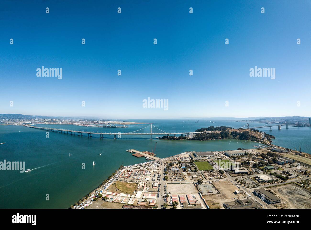 Bay bridge and the Treasure Island San Francisco aerial view Stock ...