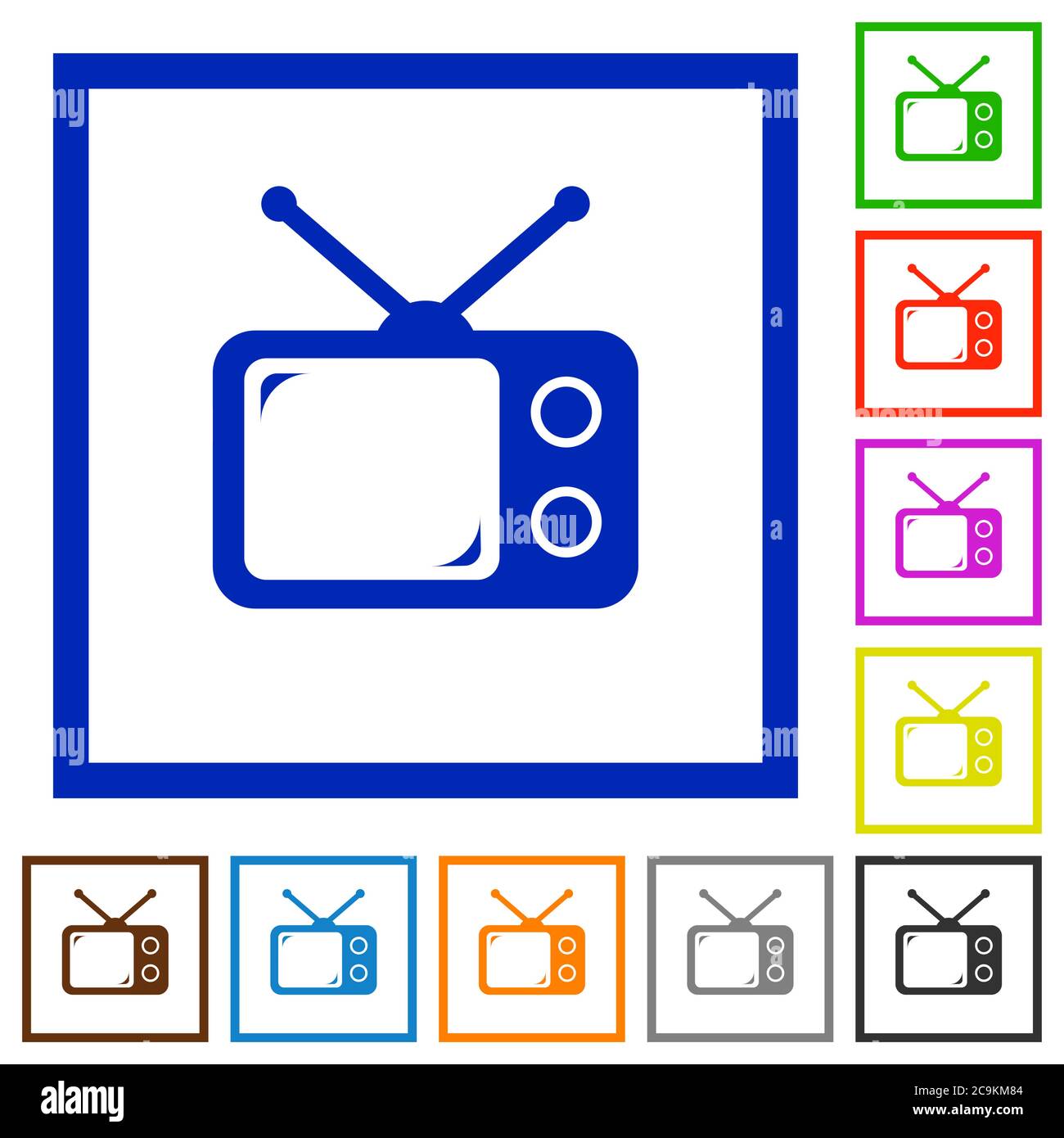 Vintage retro television flat color icons in square frames on white ...