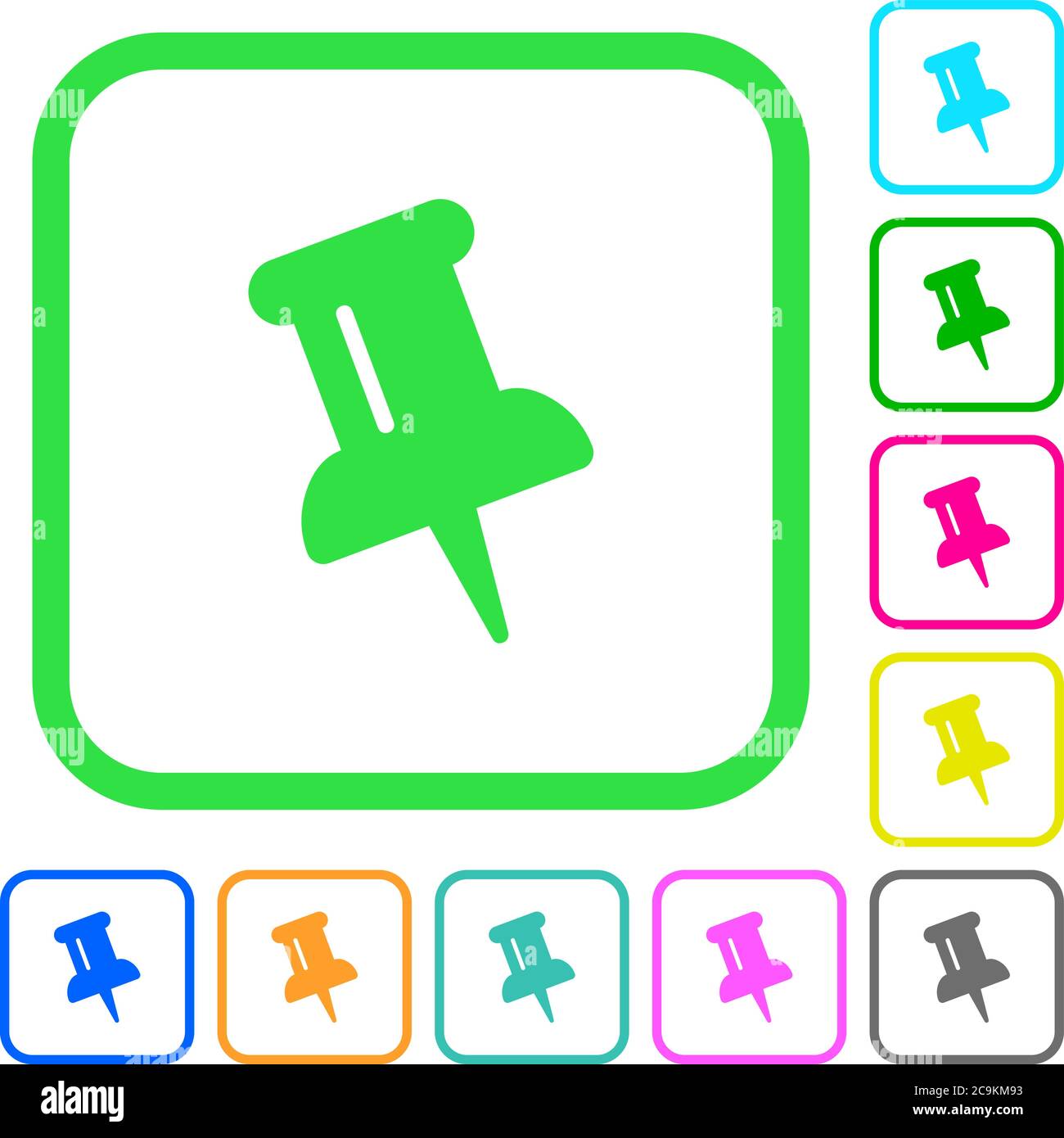 Push pin vivid colored flat icons in curved borders on white background ...