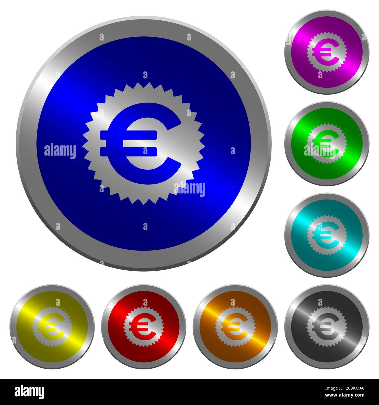 Euro sticker icons on round luminous coin-like color steel buttons ...
