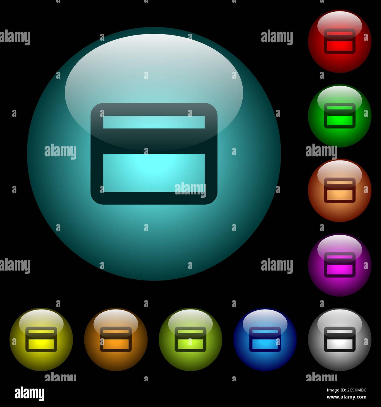 Single credit card icons in color illuminated spherical glass buttons ...