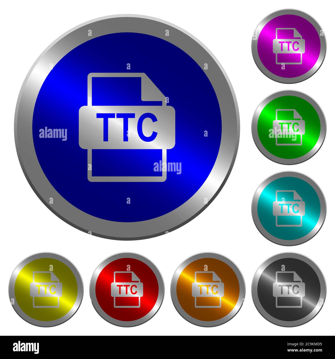 TTC file format icons on round luminous coin-like color steel buttons ...