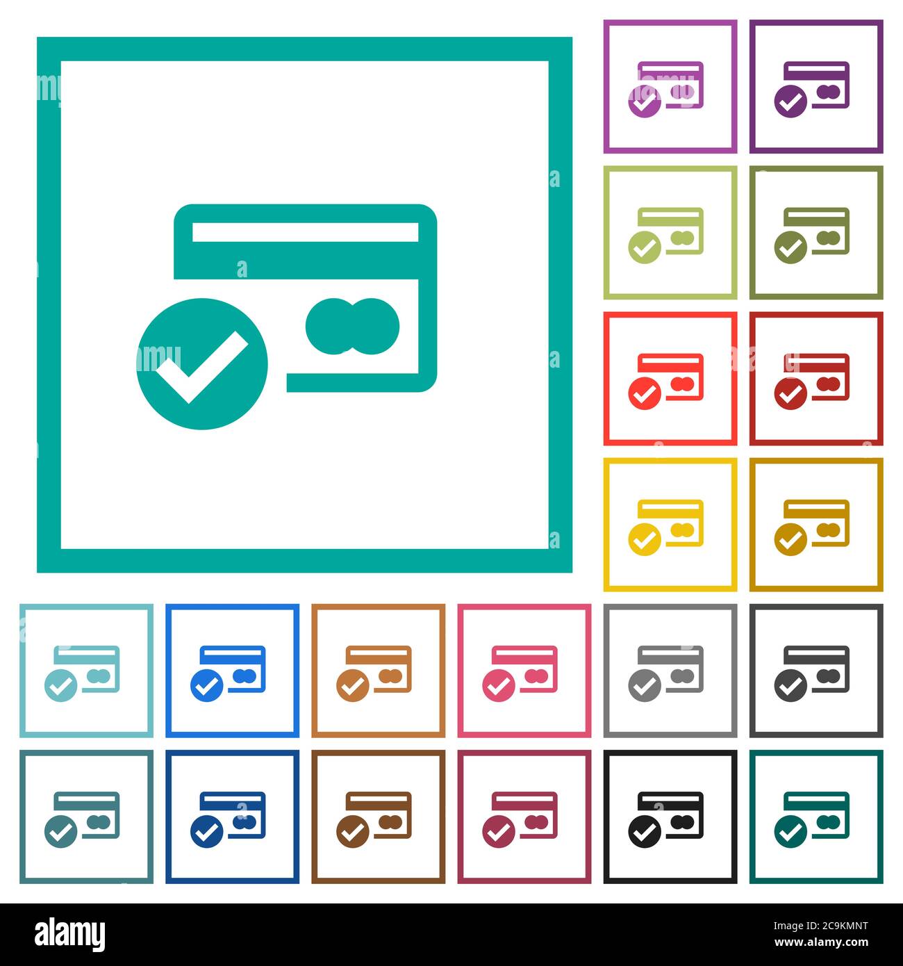 Credit card verified flat color icons with quadrant frames on white ...