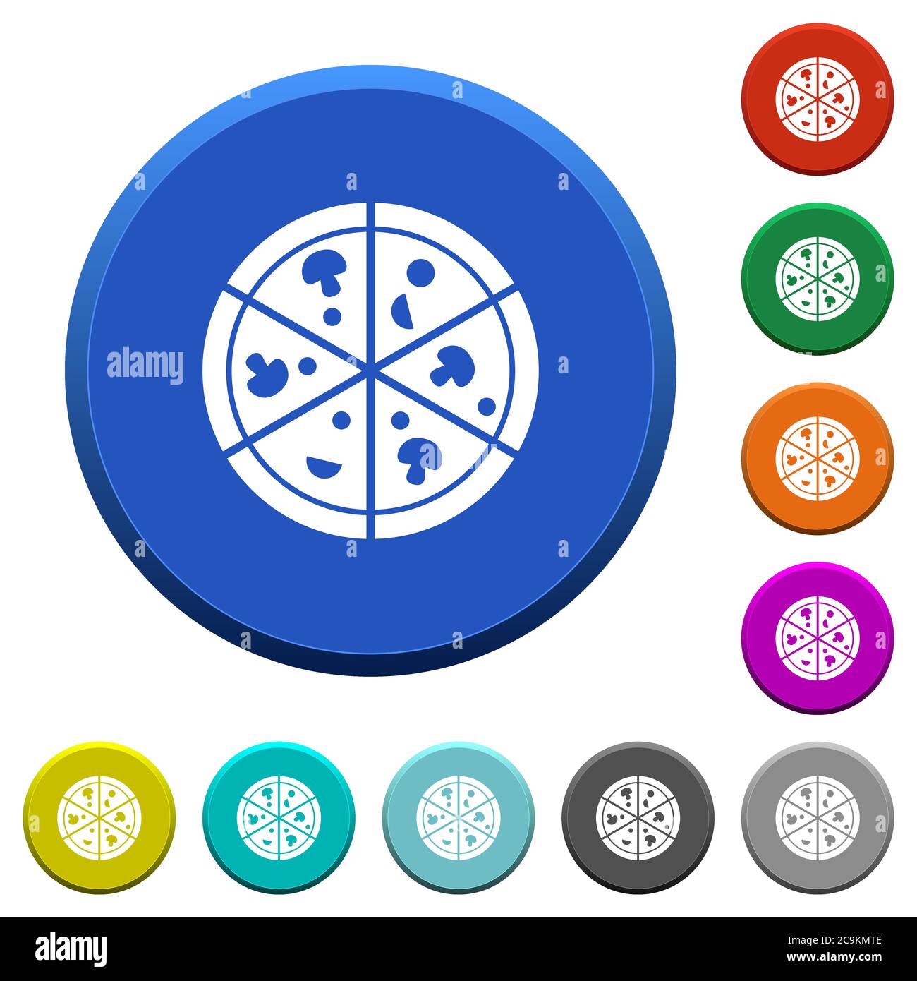 Pizza round color beveled buttons with smooth surfaces and flat white ...