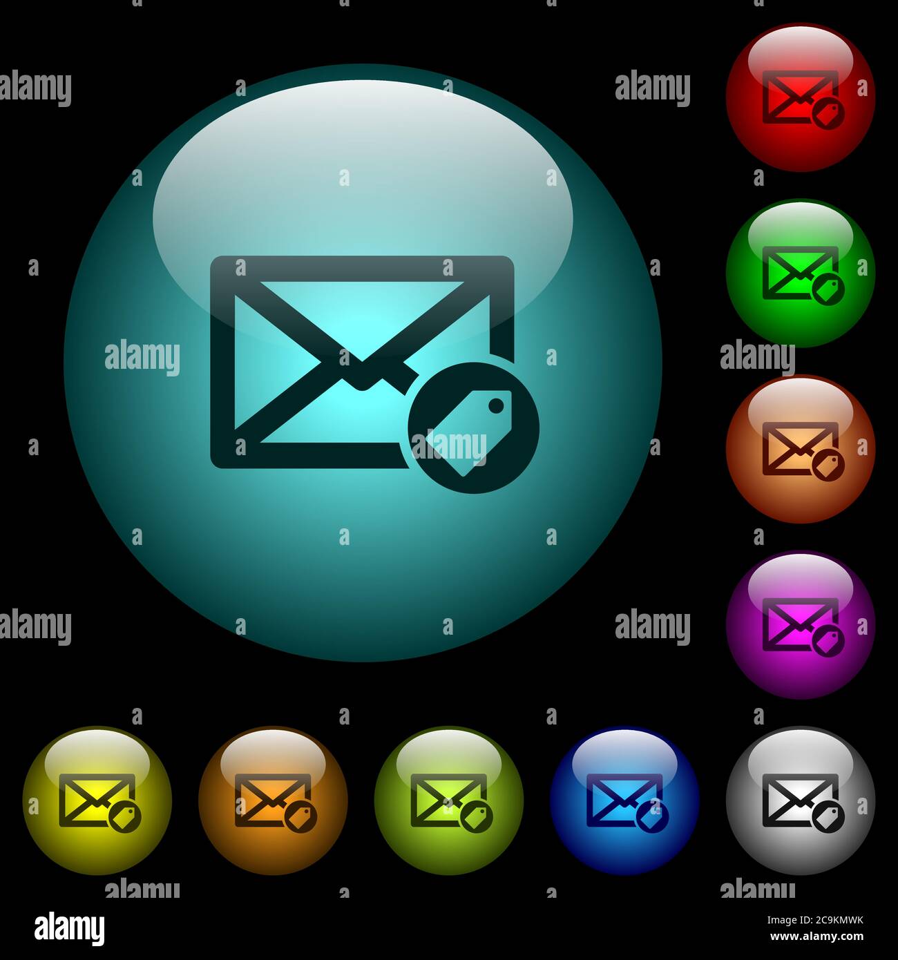 Tagging mail icons in color illuminated spherical glass buttons on ...