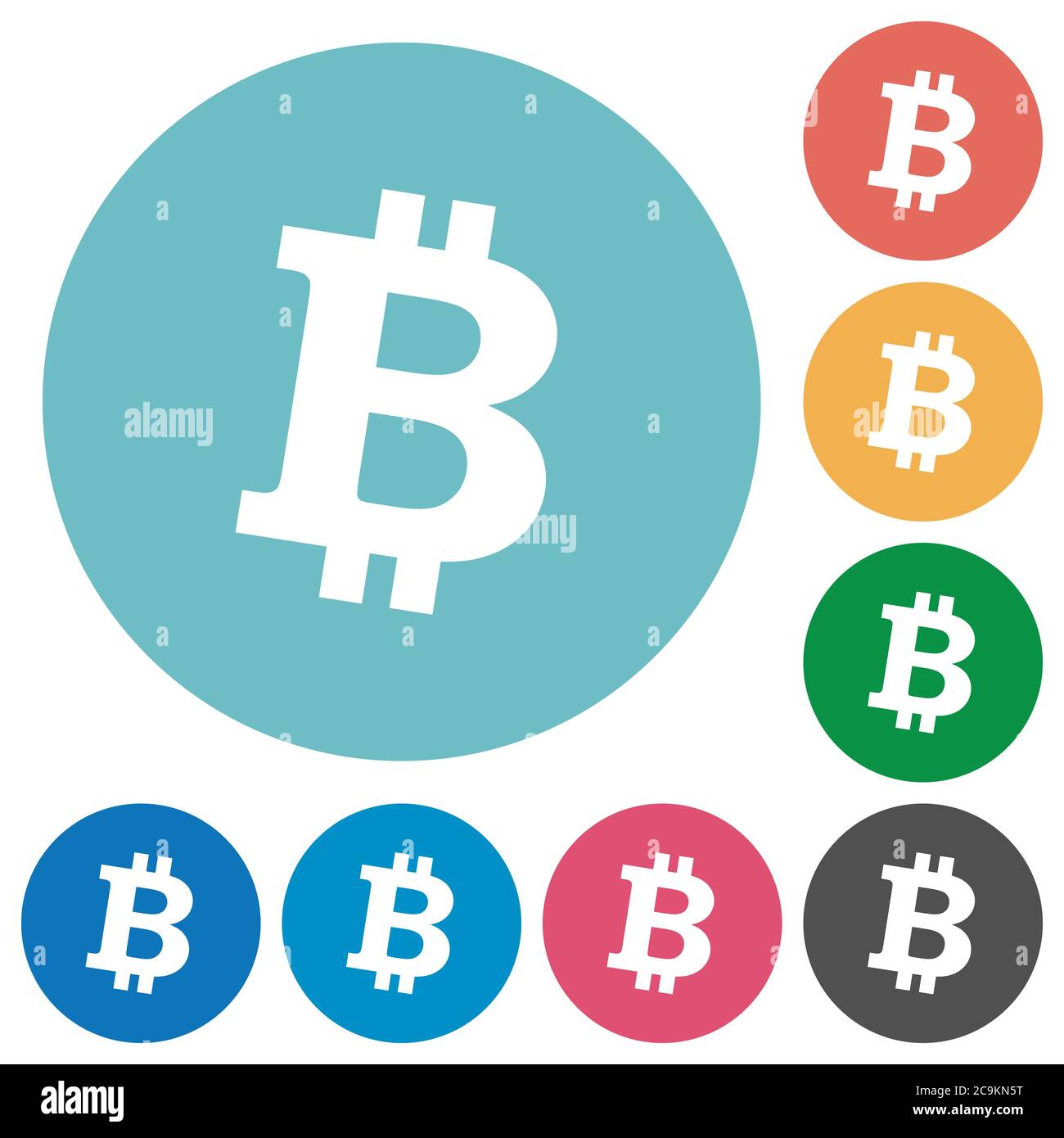 Bitcoin digital cryptocurrency flat white icons on round color ...