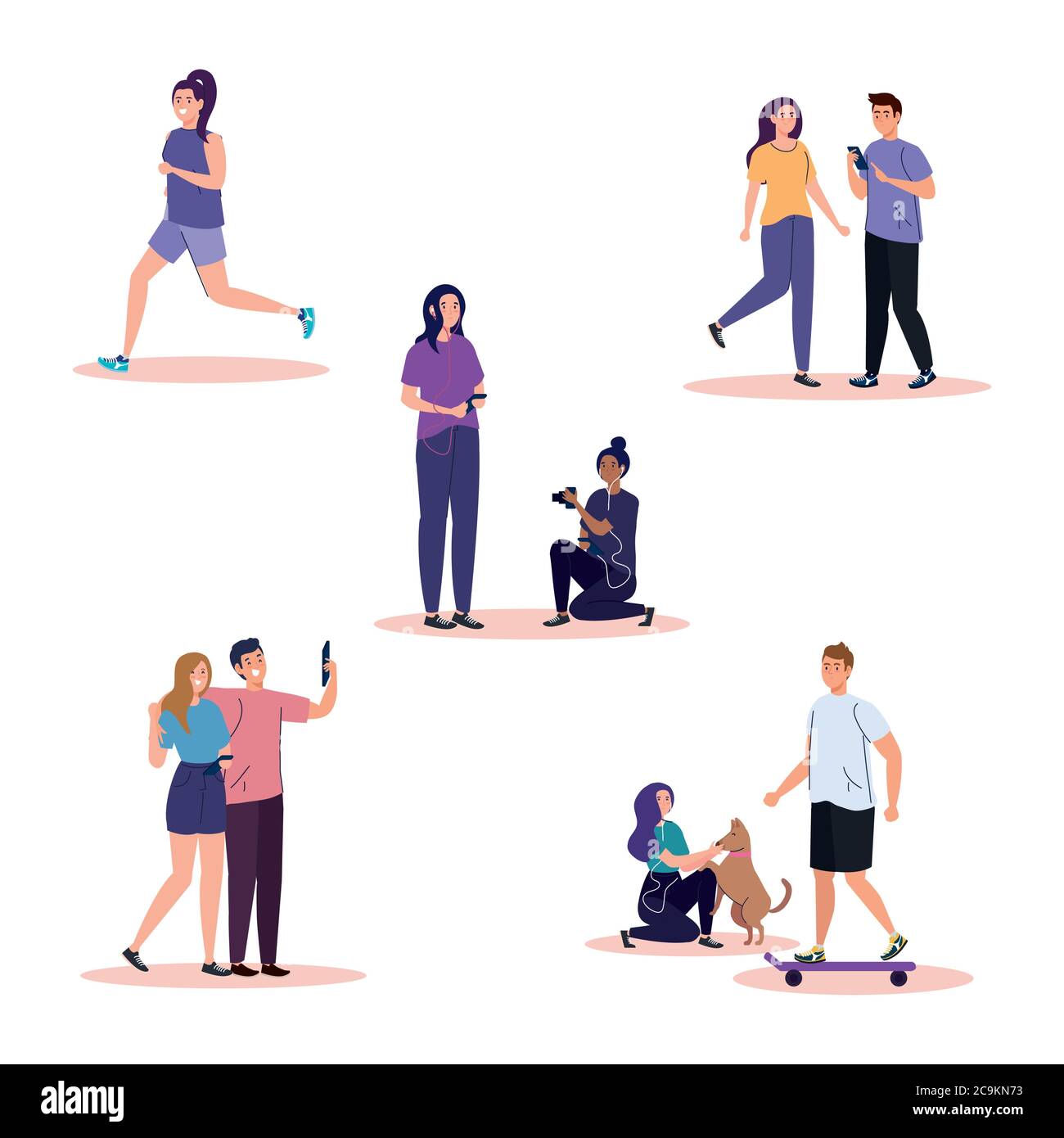 set scenes, young people performing leisure outdoor activities Stock ...