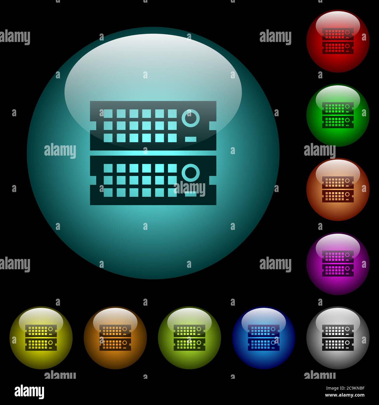 Rack servers icons in color illuminated spherical glass buttons on ...