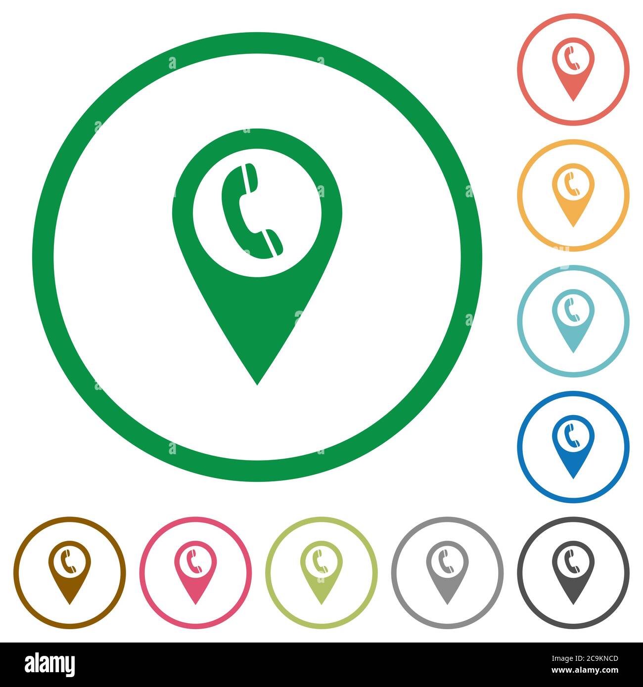 Call box GPS map location flat color icons in round outlines on white ...