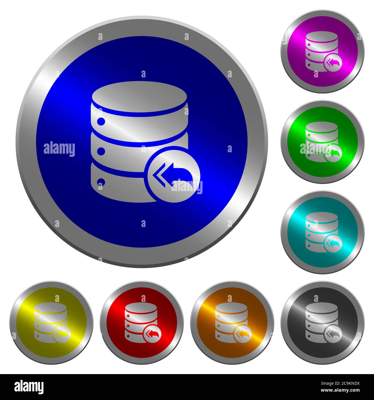 Database loopback icons on round luminous coin-like color steel buttons ...
