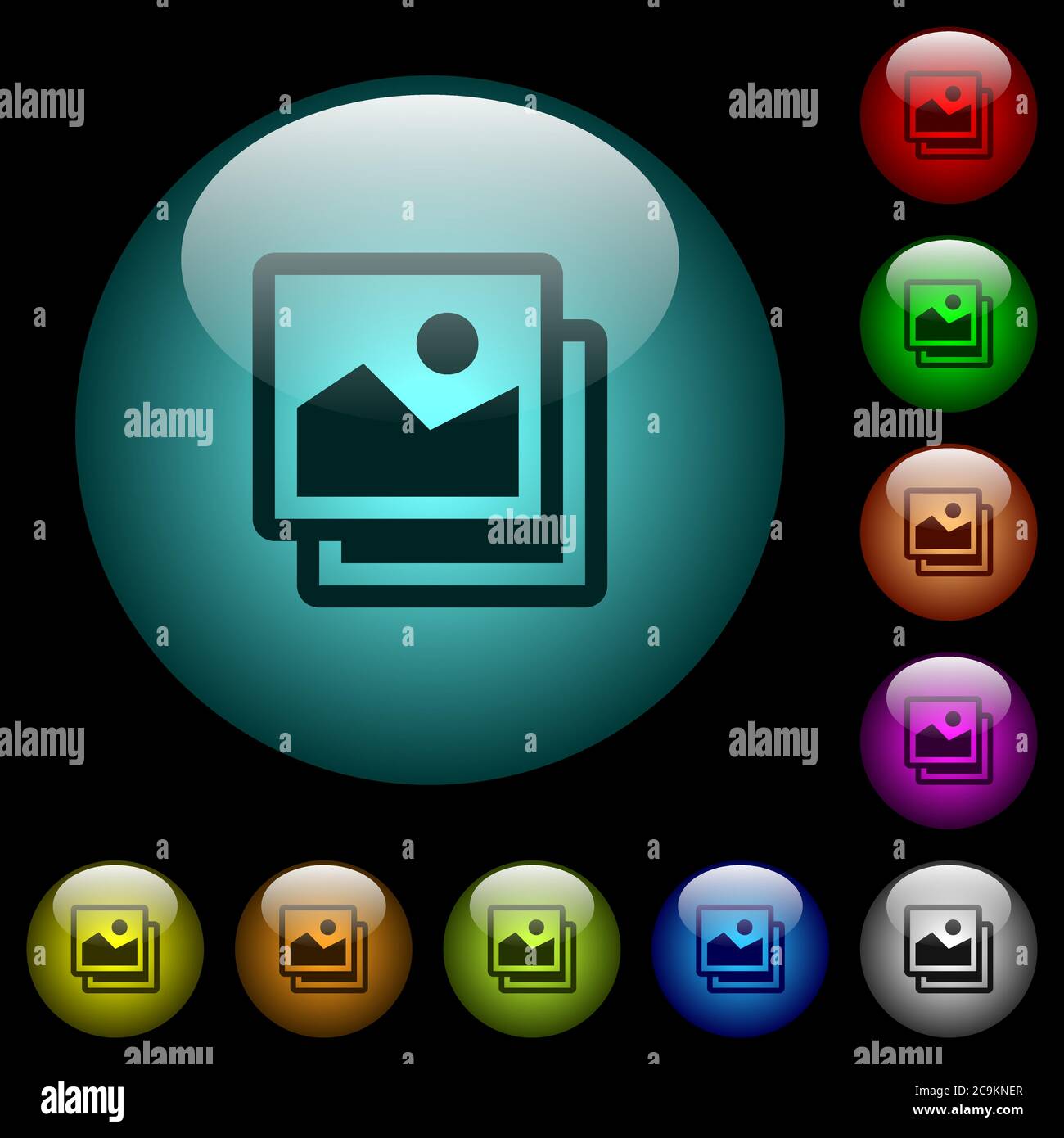 Pictures icons in color illuminated spherical glass buttons on black ...