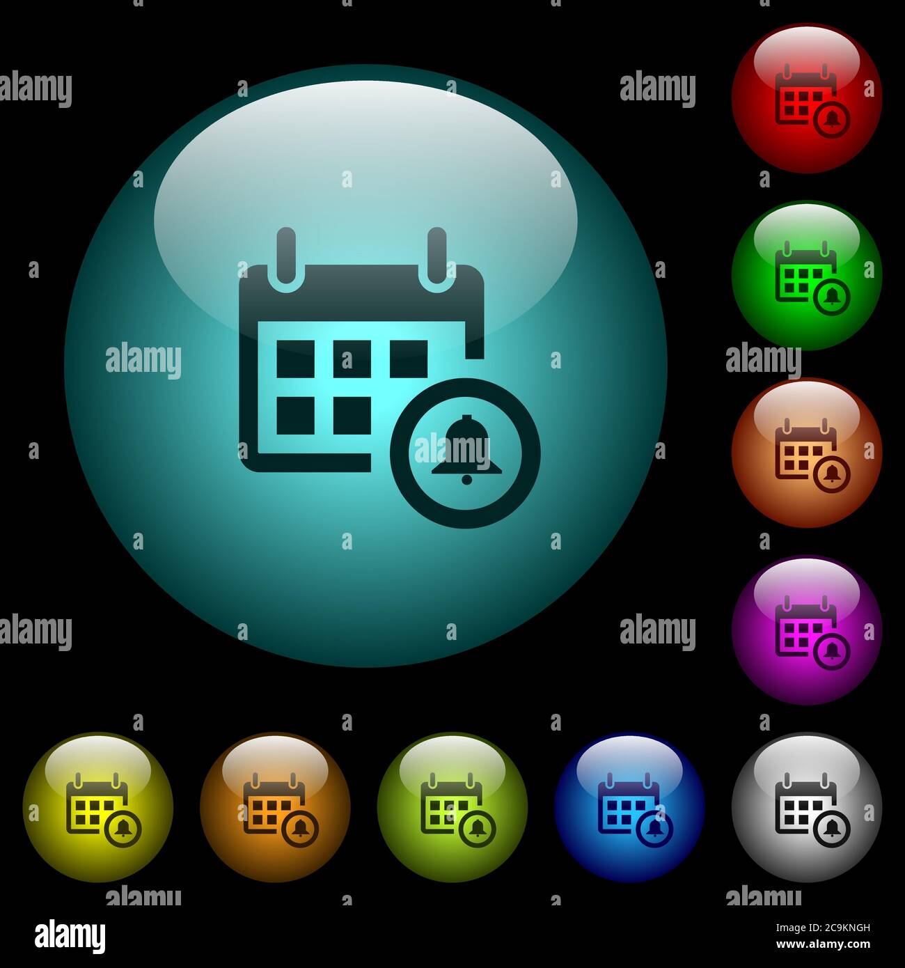 Calendar alarm icons in color illuminated spherical glass buttons on ...