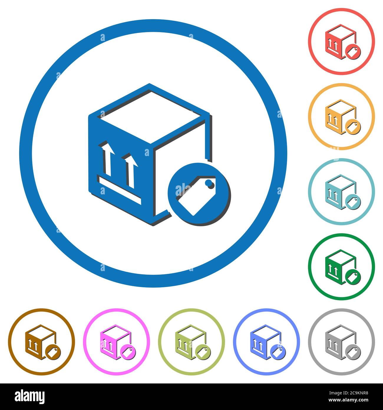 Package labeling flat color vector icons with shadows in round outlines ...