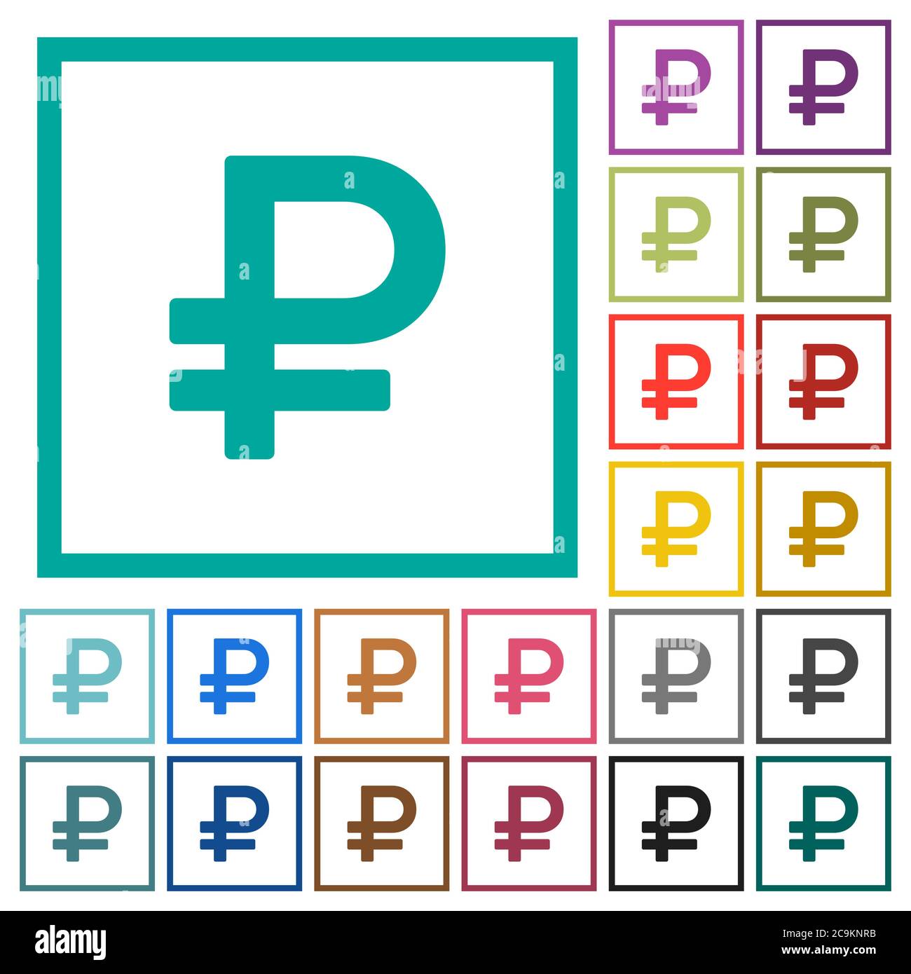 Ruble sign flat color icons with quadrant frames on white background ...