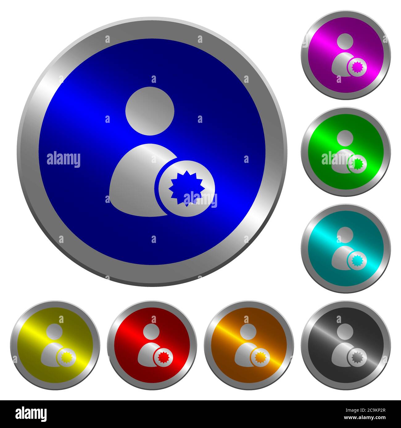Certified user icons on round luminous coin-like color steel buttons ...