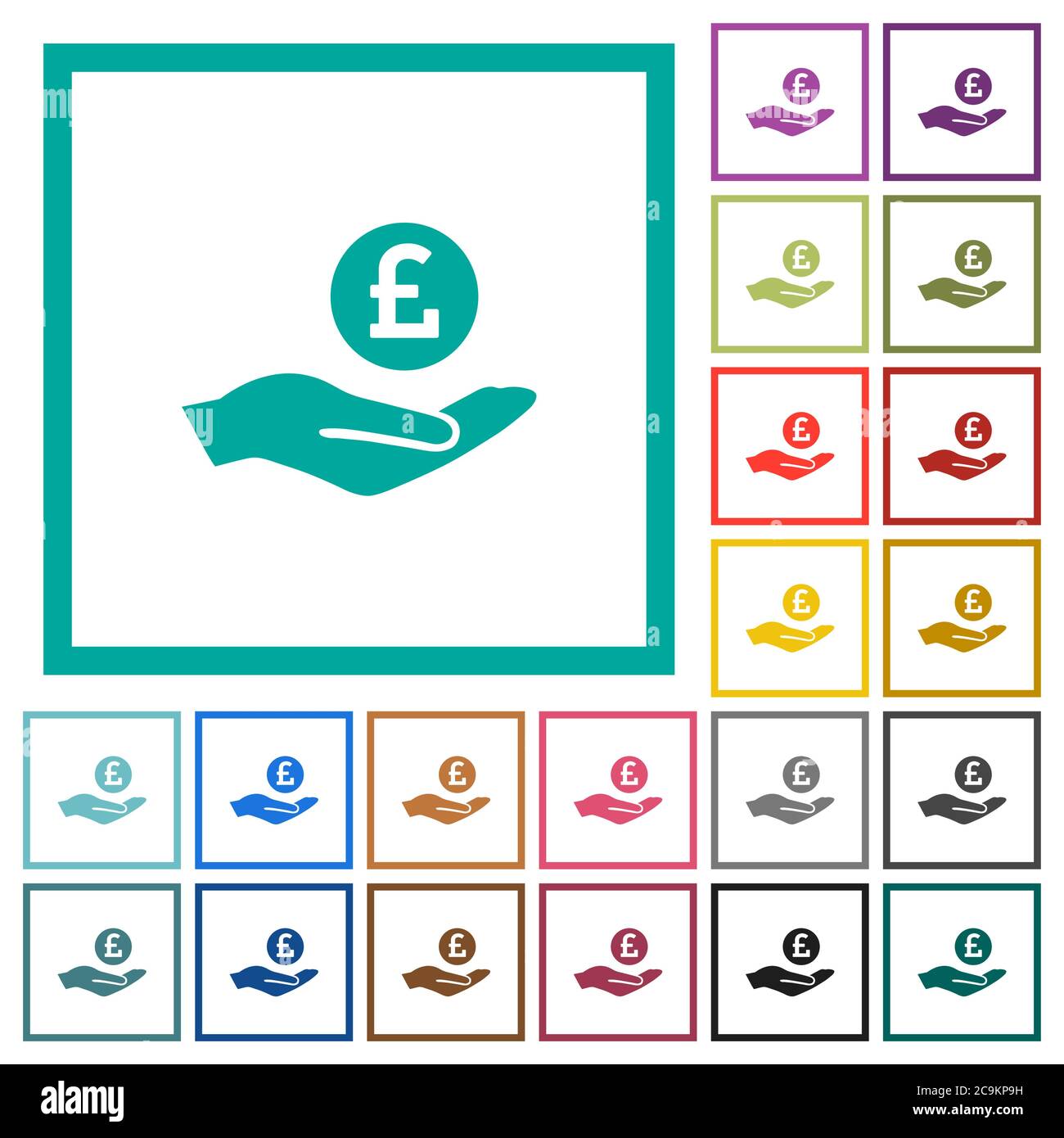 Pound earnings flat color icons with quadrant frames on white ...