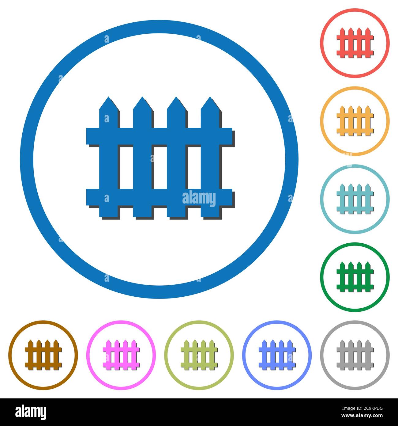 Fence flat color vector icons with shadows in round outlines on white ...