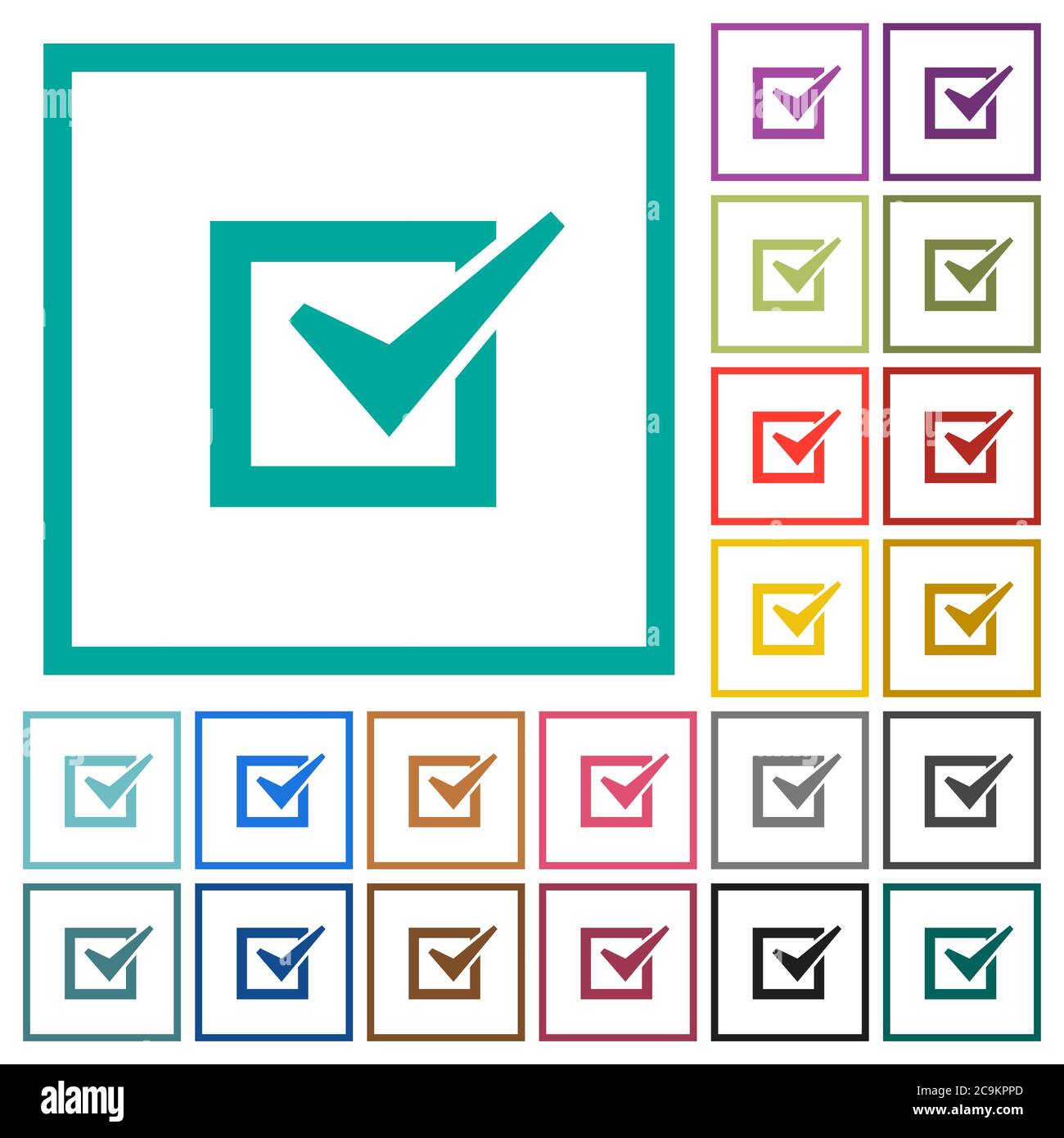 Checked box flat color icons with quadrant frames on white background ...