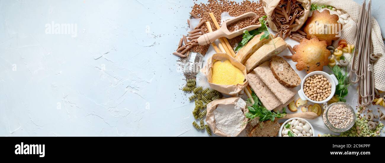 Different types of high carbohydrate food. Selection of good sources of ...