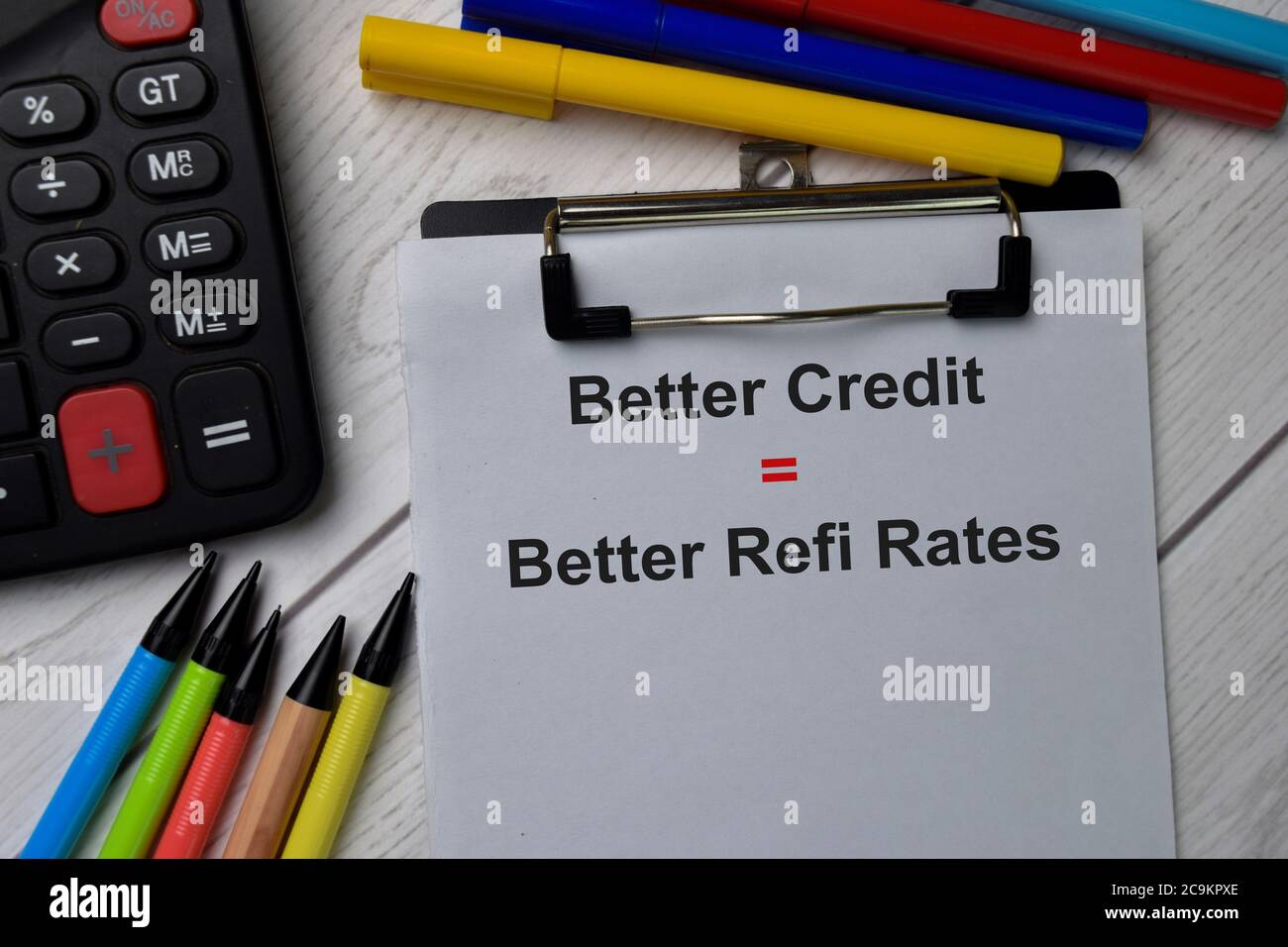 Better Credit equal Better Refi Rates text write on paperwork isolated ...