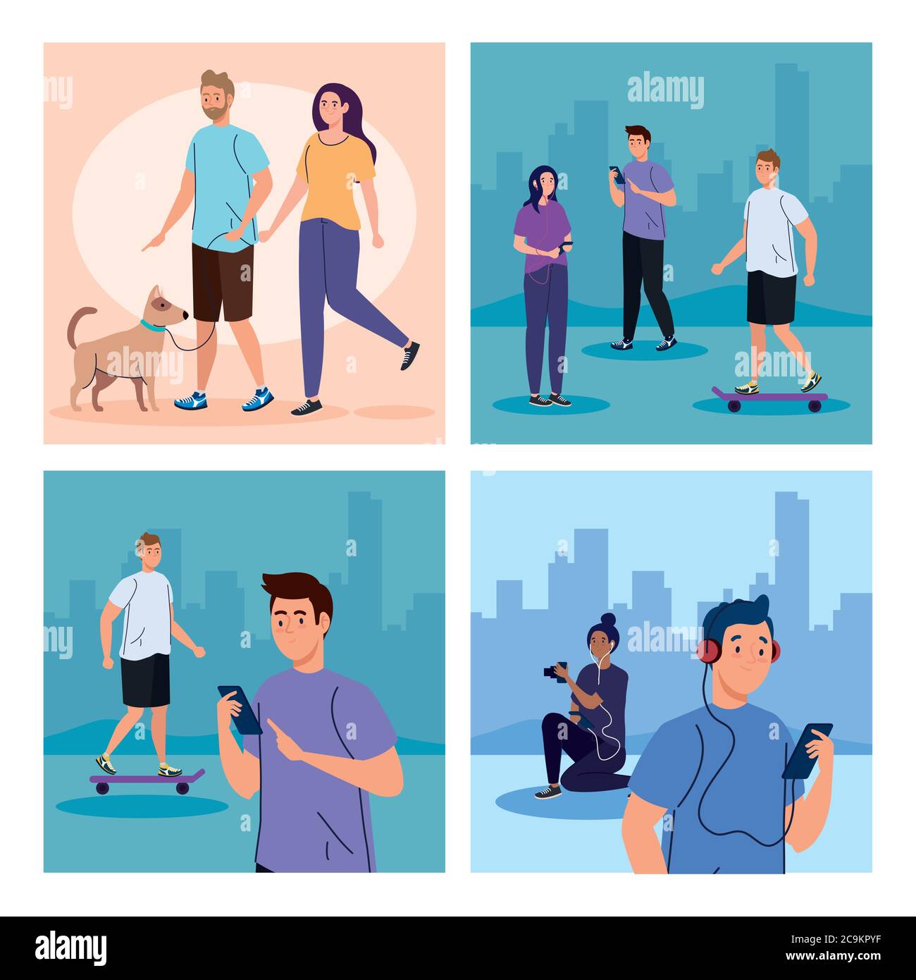 set scenes, young people performing leisure outdoor activities Stock ...