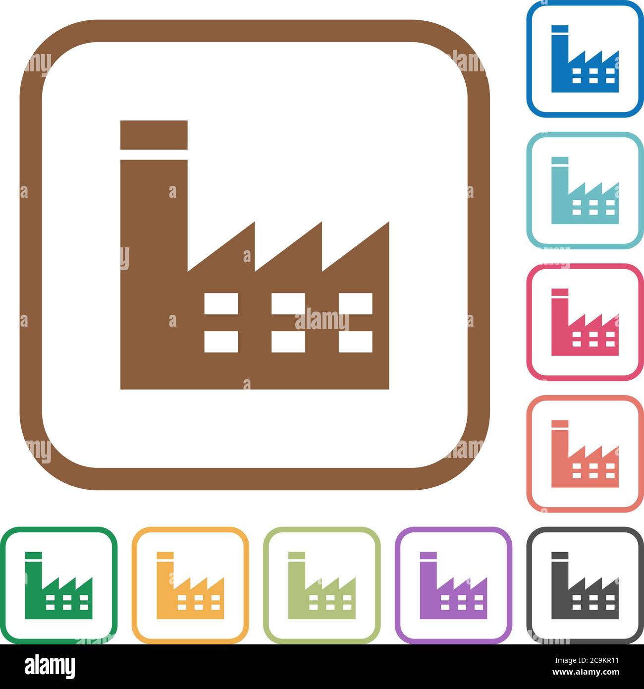 Factory building simple icons in color rounded square frames on white ...