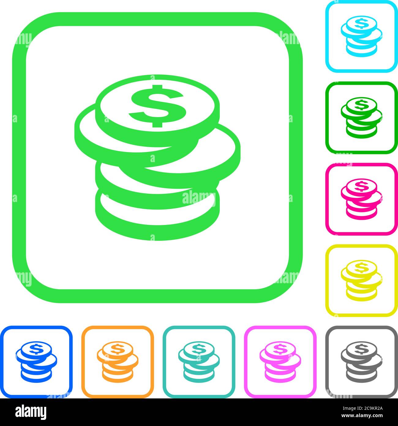 Stack of Dollar coins vivid colored flat icons in curved borders on ...