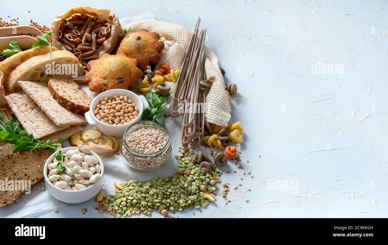 Different types of high carbohydrate food. Selection of good sources of ...