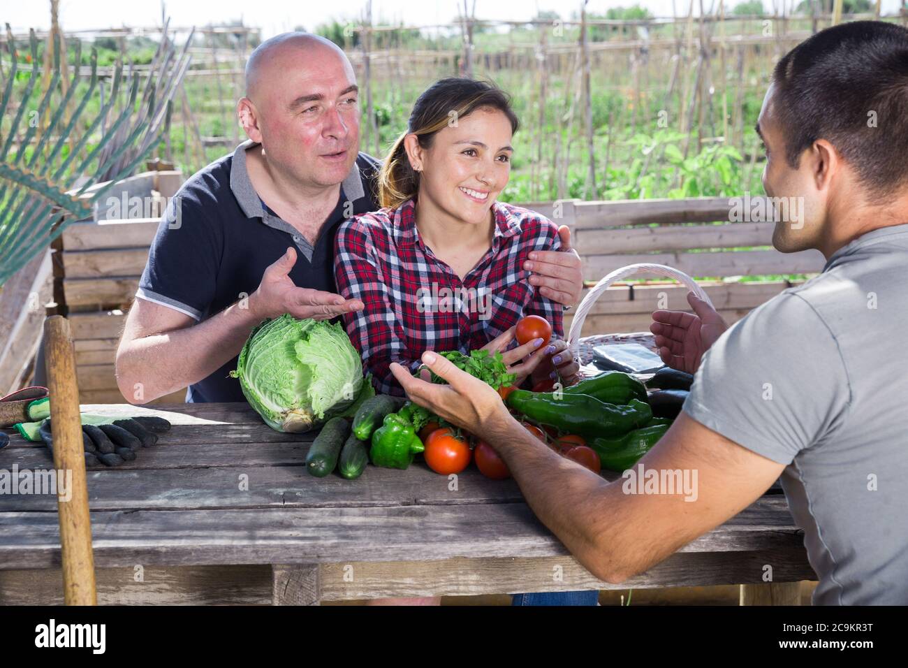 Good friends have conversation at table in the backyard of village ...