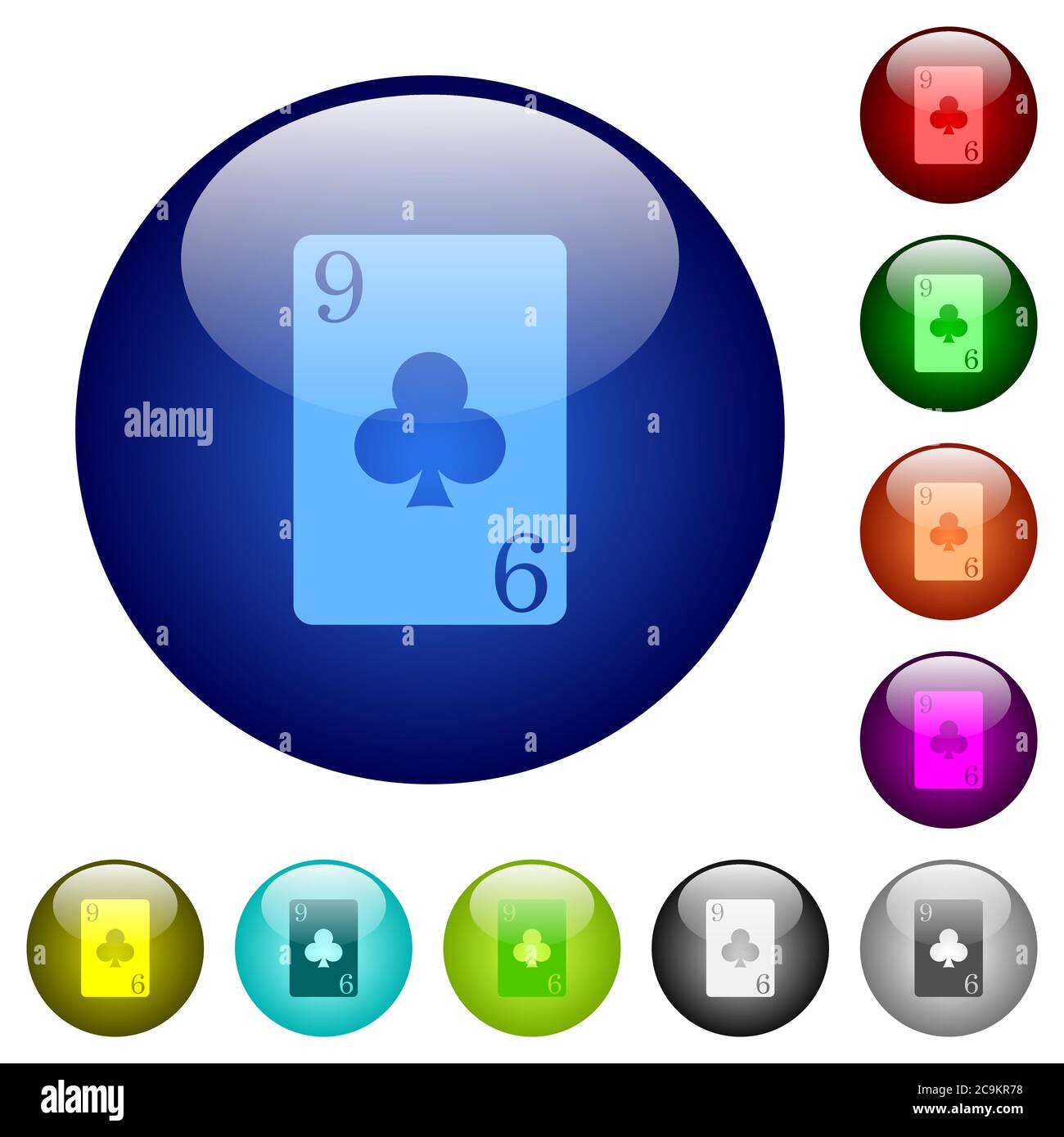 Nine of clubs card icons on round color glass buttons Stock Vector ...