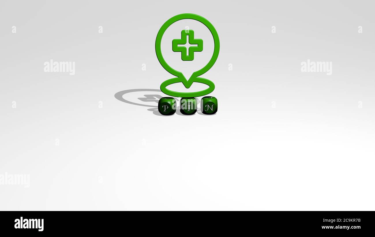 3D representation of pin with icon on the wall and text arranged by ...