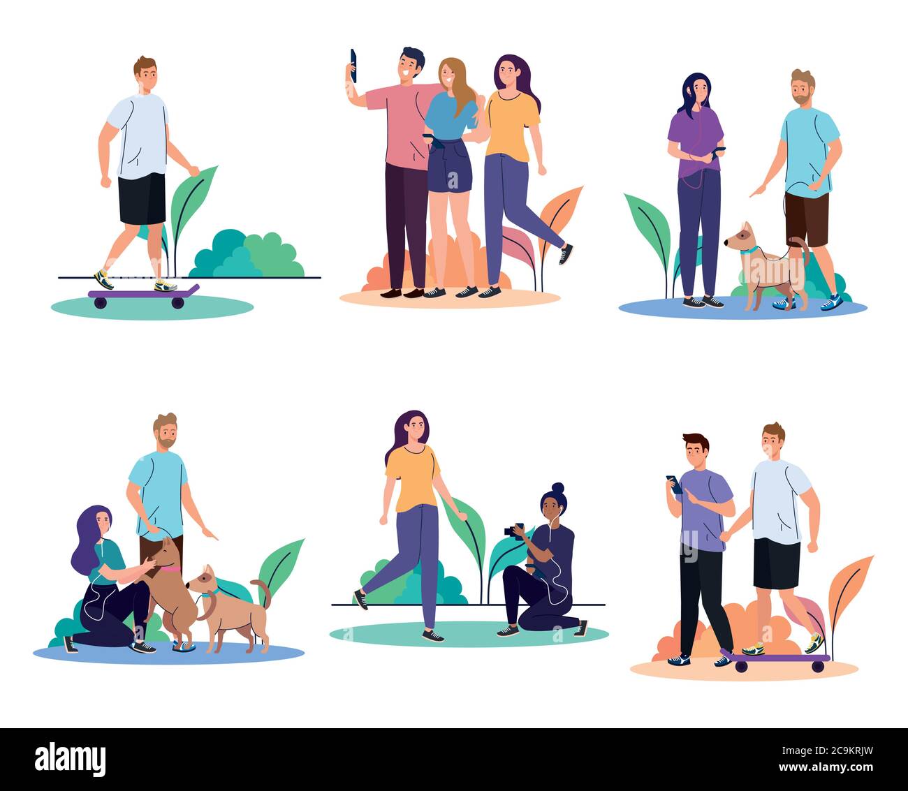 set scenes, young people performing leisure outdoor activities Stock ...