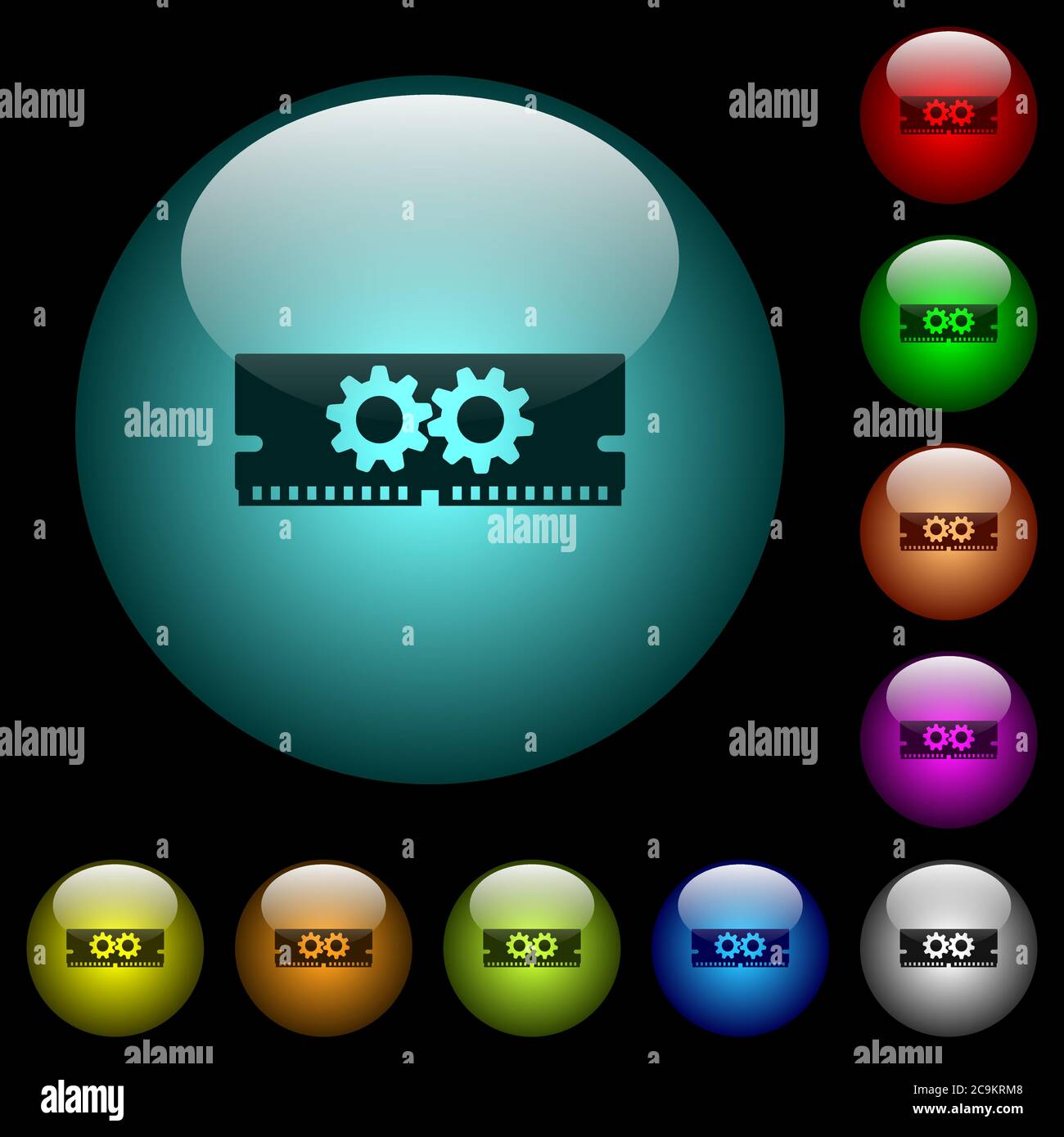 Memory optimization icons in color illuminated spherical glass buttons ...