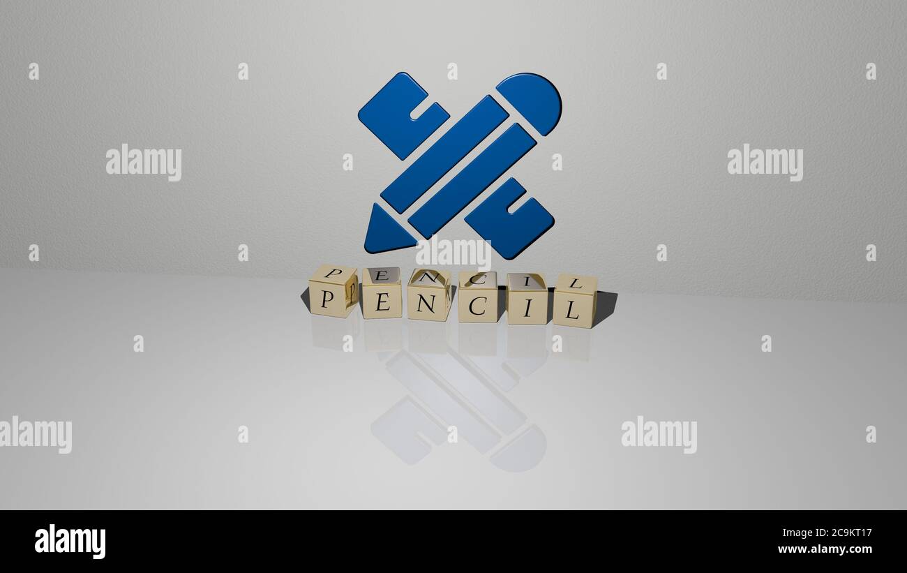 3D illustration of pencil graphics and text made by metallic dice ...