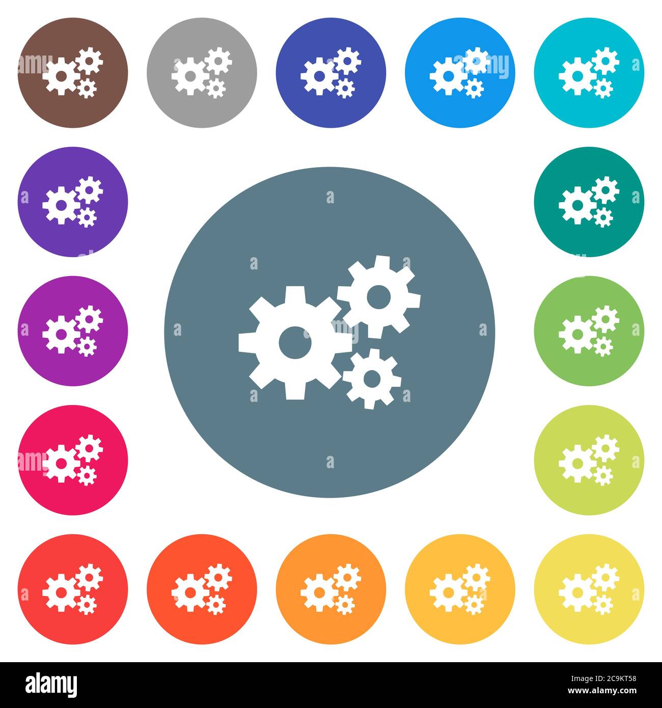 Gears flat white icons on round color backgrounds. 17 background color ...