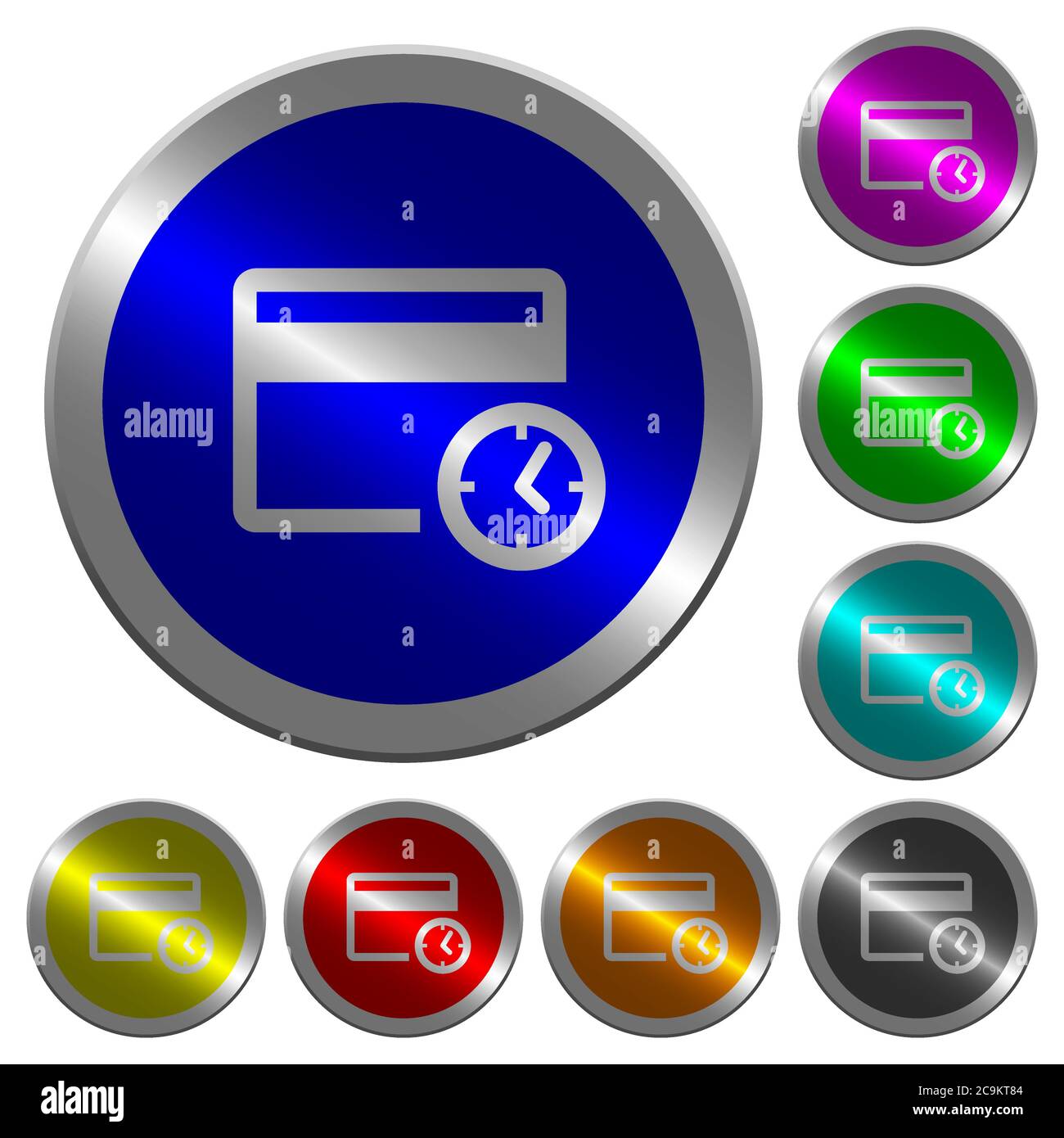 Credit card transaction history icons on round luminous coin-like color ...