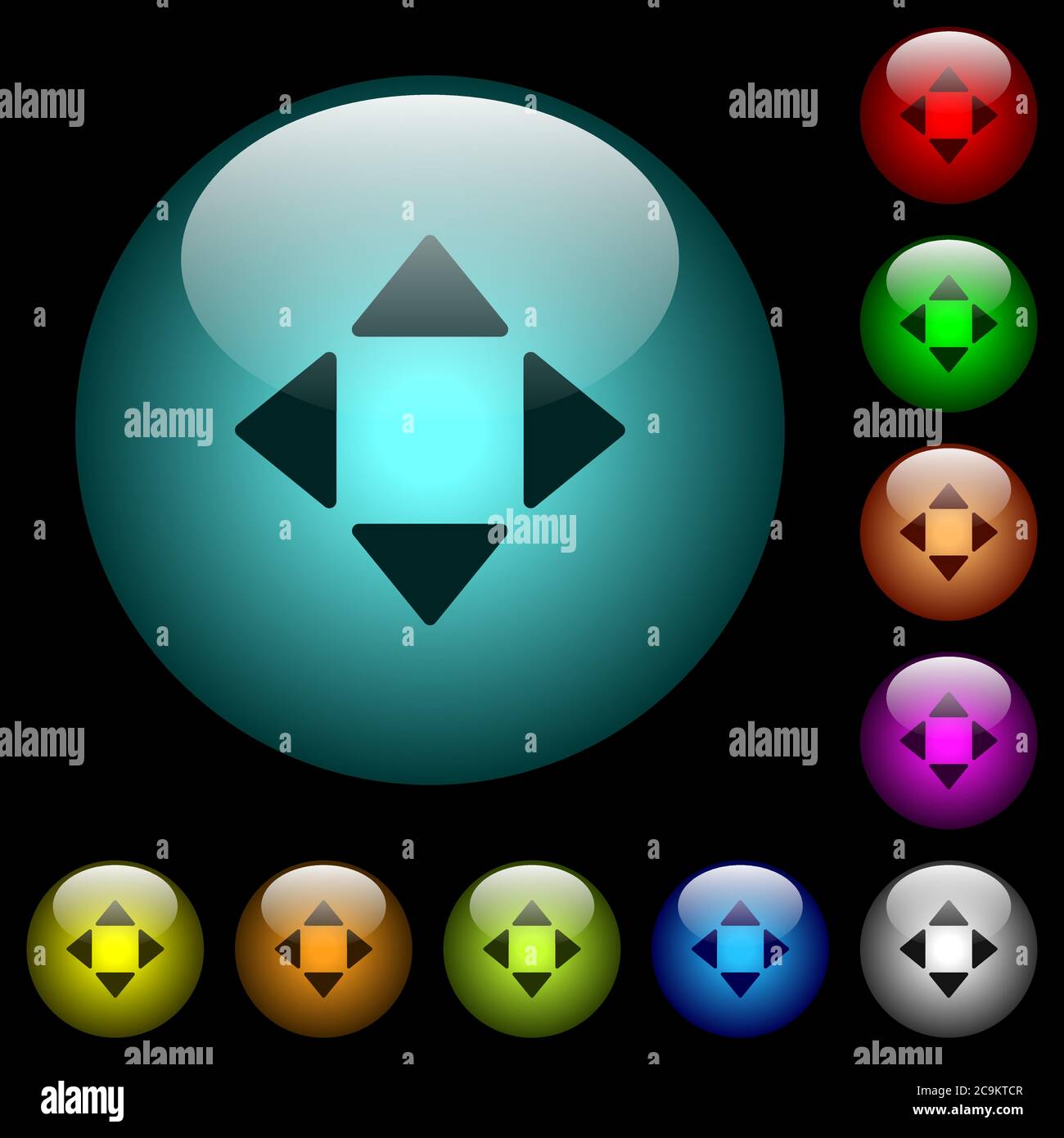 Control arrows icons in color illuminated spherical glass buttons on ...